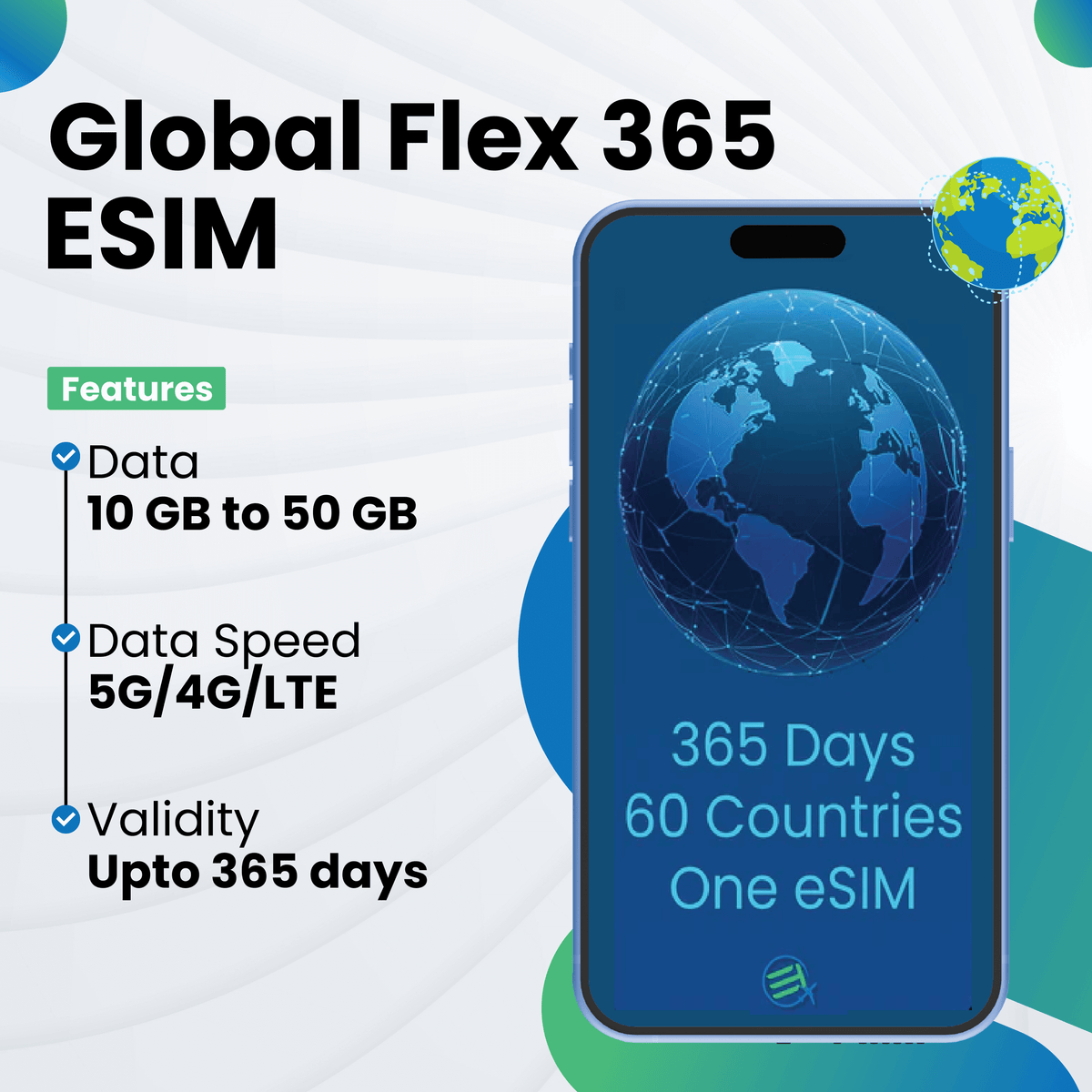Global Flex 365 eSIM (Recharge) – 10GB to 50GB | Valid in 60+ Countries | eTravelSim – ETravelSim